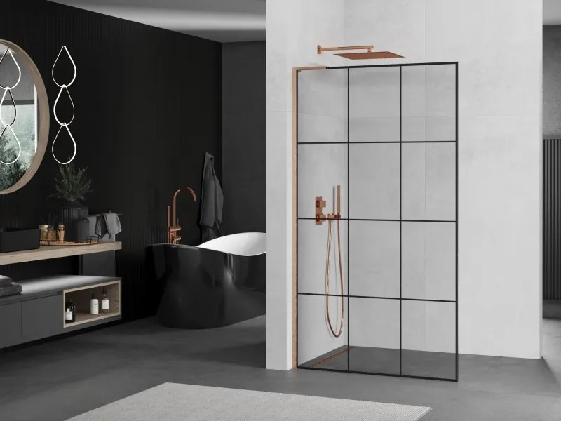Mexen Kioto L, sprchová zástěna Walk-In 100 x 200 cm, 8mm čiré sklo černý vzor, měděný matný profil, 800-100-103-65-77