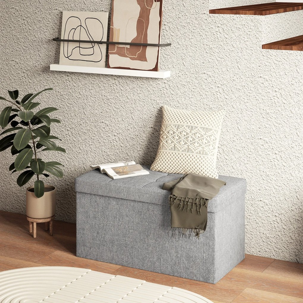 HOMCOM Úložná Lavice Ottoman, 76 x 38 x 38 cm, 84L, skládací, na konci postele, podnožka, s víkem, do předsíně, obývacího pokoje, prošívaná, světlá še