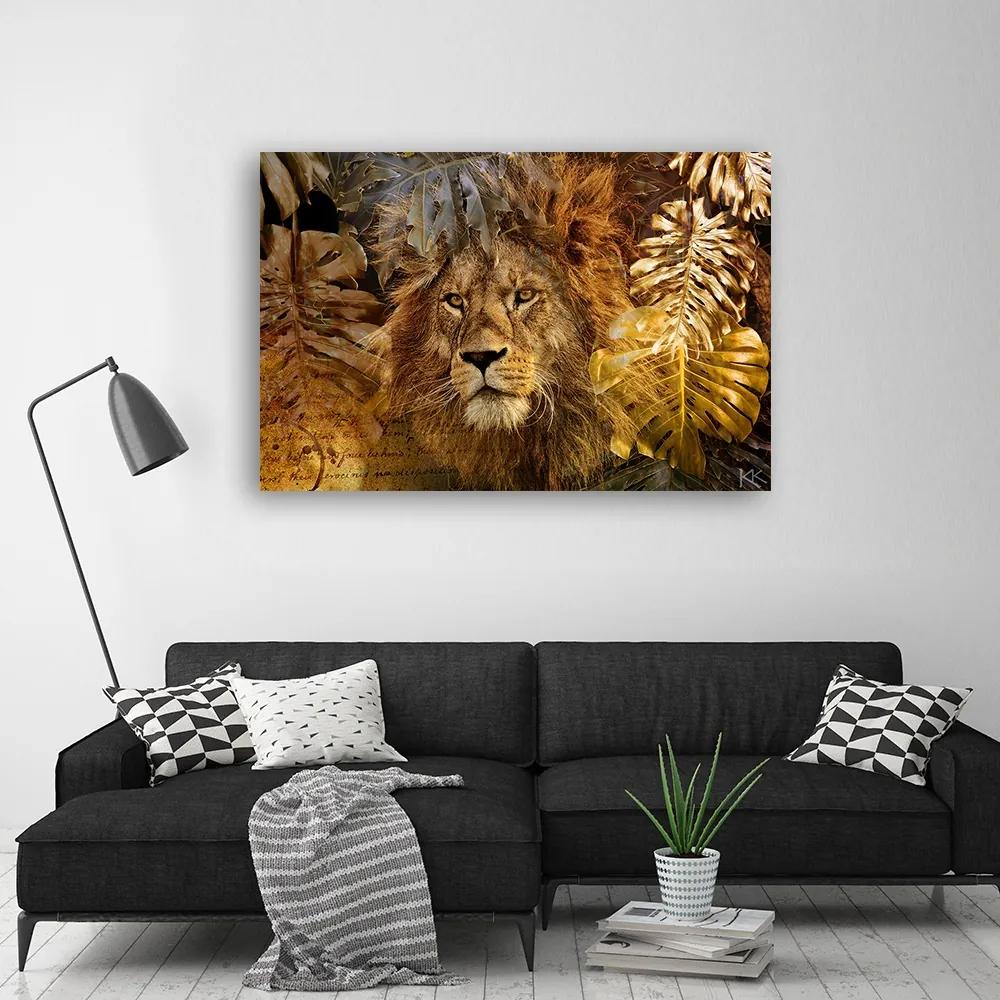 Obraz na plátně, Lev a zlaté listy - 100x70 cm