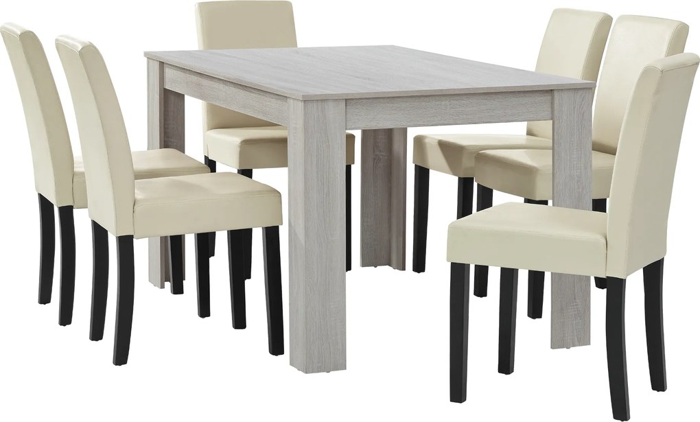 [en.casa] Jídelní set 1x jídelní stůl "Nora" HTFU-1403 dub bílý a 6x jídelní židle HTMY-9704 krémová