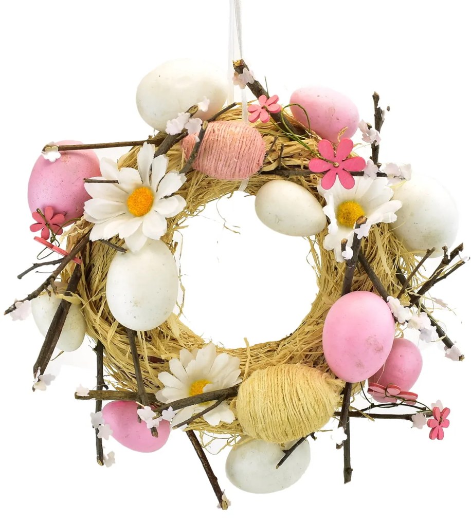 Věneček s vajíčky a kytičkami, růžový, Ø25 cm