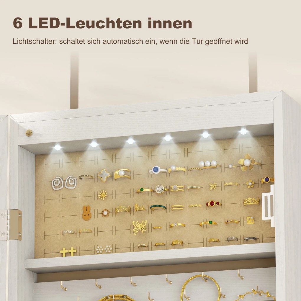 HOMCOM Šperkovnice se zrcadlem LED Zrcadlová skříňka Nástěnná / dveřní montáž MDF
