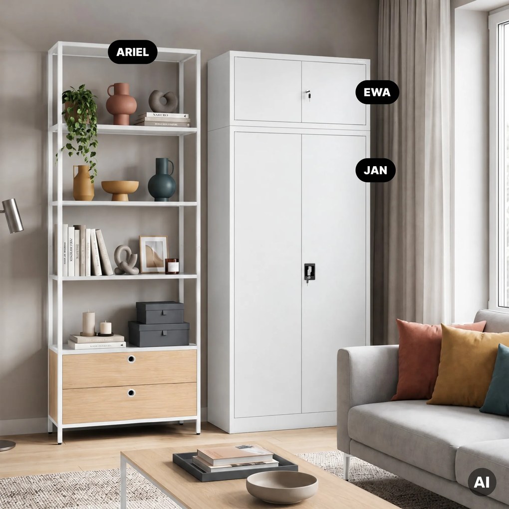 Regál se zásuvkami do kanceláře, na šanony a dokumenty, otevřené police, kovový, bílý/dub sonoma, 800x2200x400 mm: ARIEL Eco Design