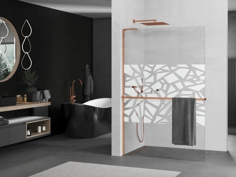 Mexen Kioto+ L, sprchová zástěna Walk-In s poličkou a věšákem 100 x 200 cm, 8mm čiré sklo bílý vzor, ​​růžové zlato profil, 800-100-123-60-85