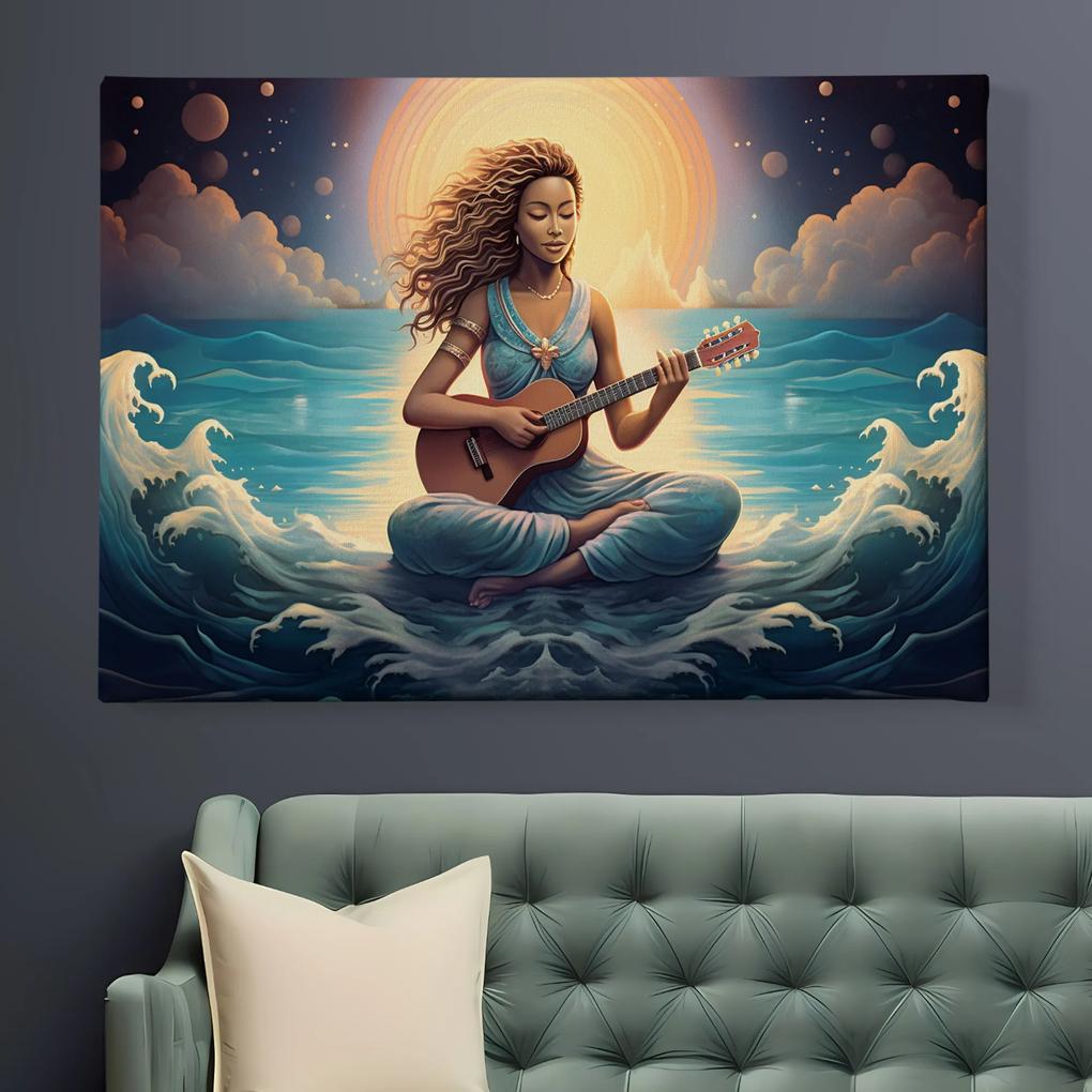 Obraz na plátně - HUDBA, žena hraje na kytaru ve vlnách FeelHappy.cz Velikost obrazu: 150 x 100 cm