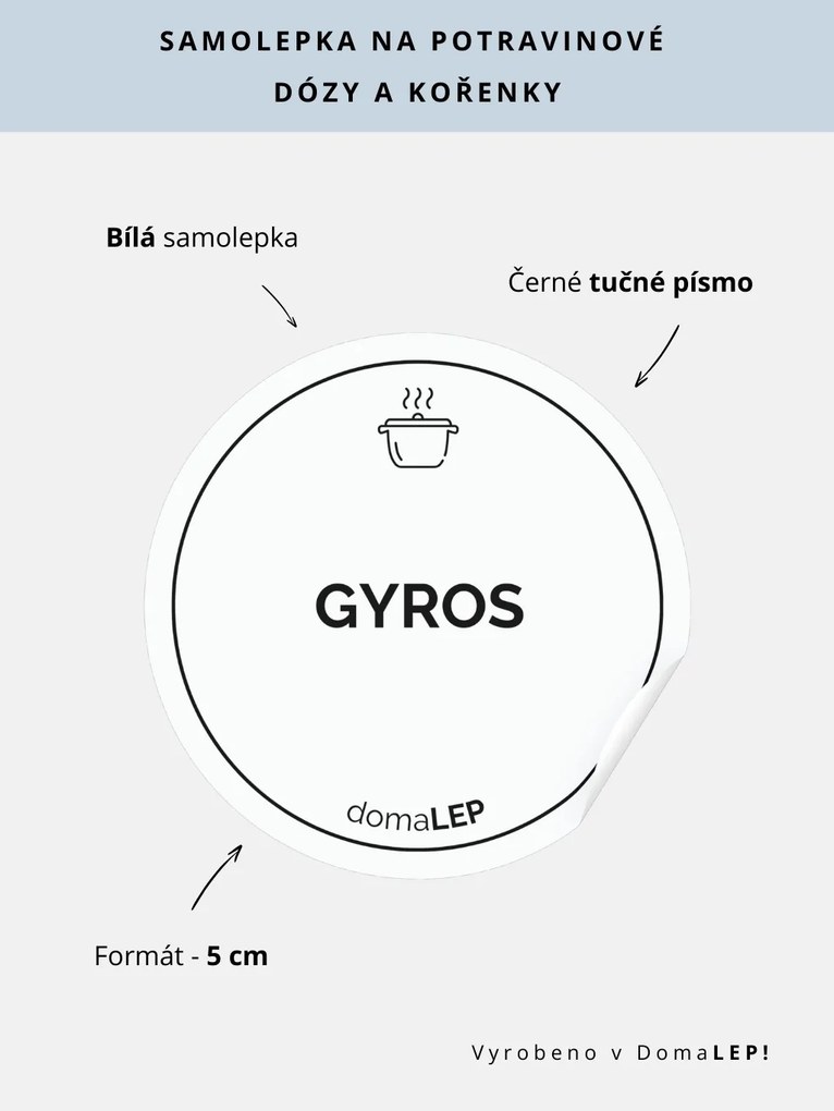 Samolepka na kořenky GYROS bílá 5 cm tučné písmo
