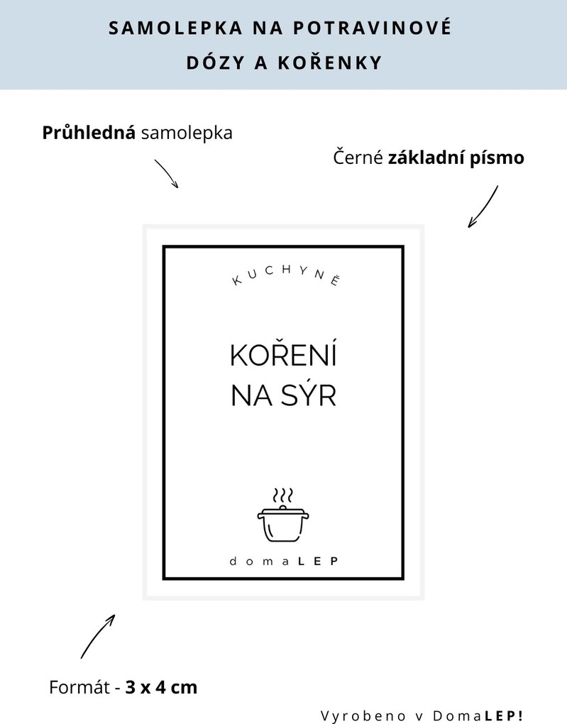 Samolepka na kořenky KOŘENÍ NA SÝR průhledná 3 × 4 cm základní písmo