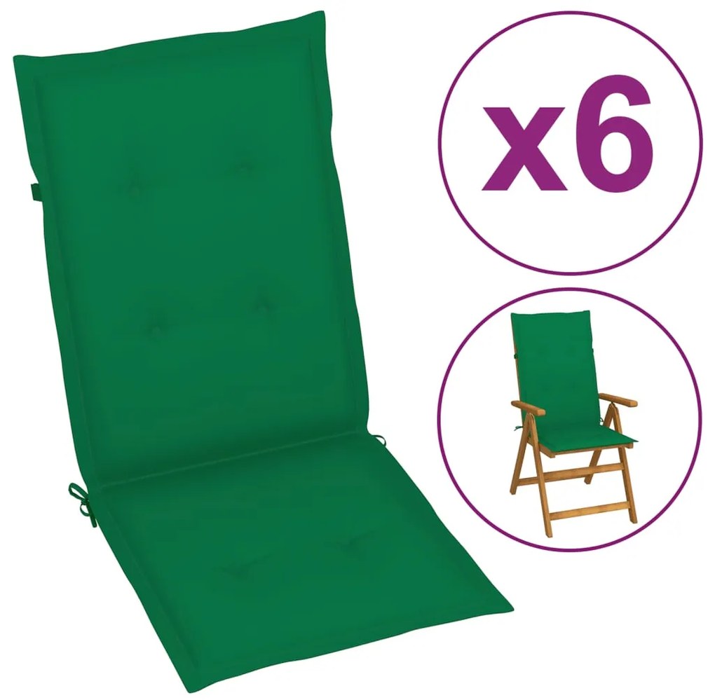 314109 vidaXL Podušky na zahradní židle 6 ks zelené 120 x 50 x 4 cm