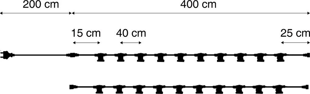 Propojitelné černé girlandové osvětlení se zástrčkou 10m vč. E27 P45 20 světel IP44 - Lubber
