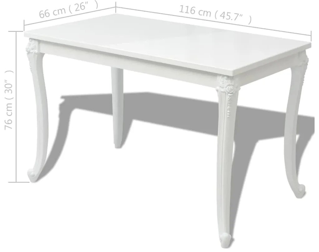 vidaXL Marketos Jídelní stůl 116x66x76 cm vysoký lesk bílý