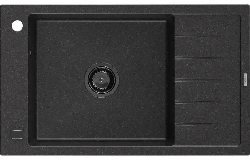 Mexen Elias granitový dřez 1-komorový s odkapávačem 795 x 480 mm, černý/stříbrný metalický, černý sifon - 6511791005-73-B