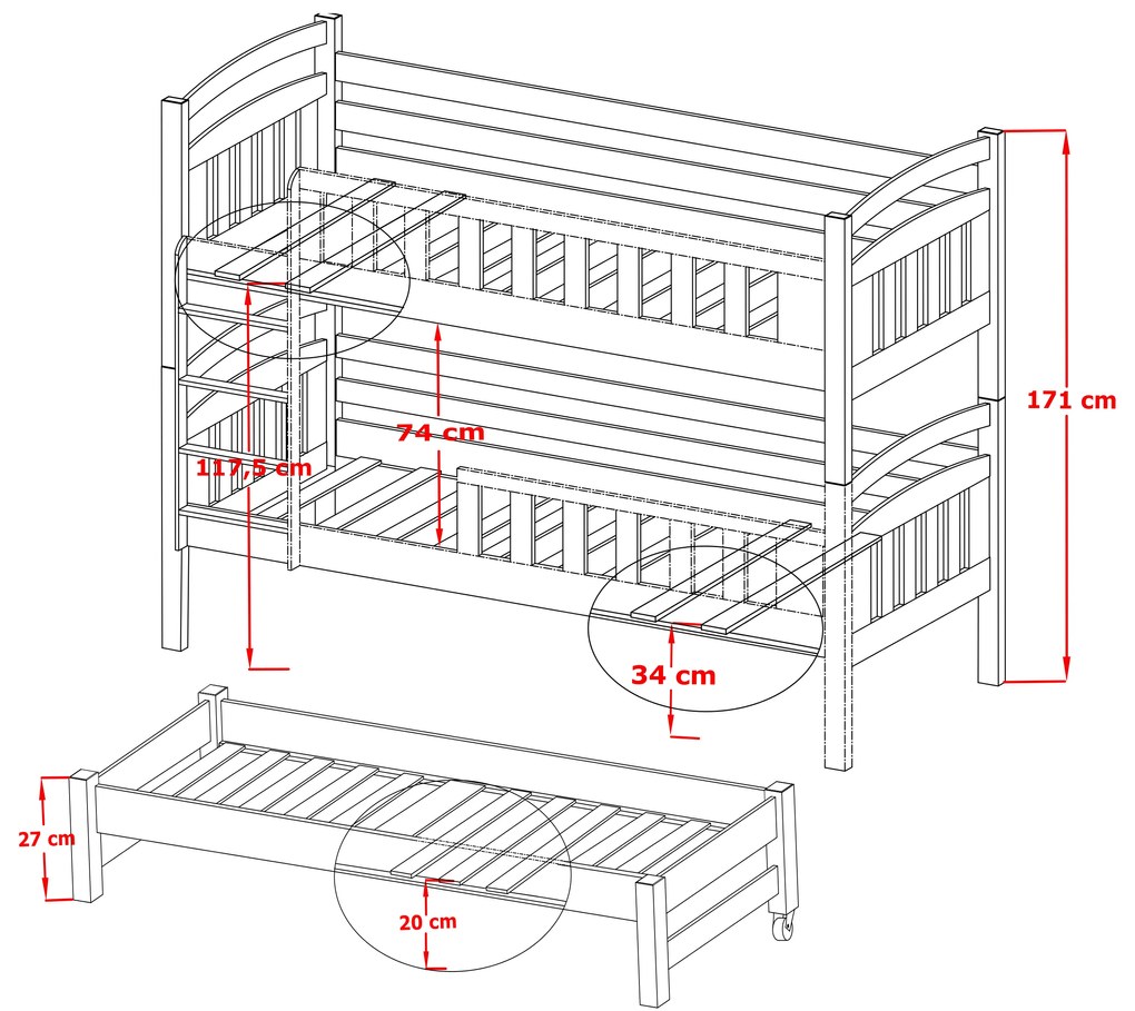 Dětská postel 90 cm VIOLA (s roštem a úl. prostorem) (borovice). 1013220
