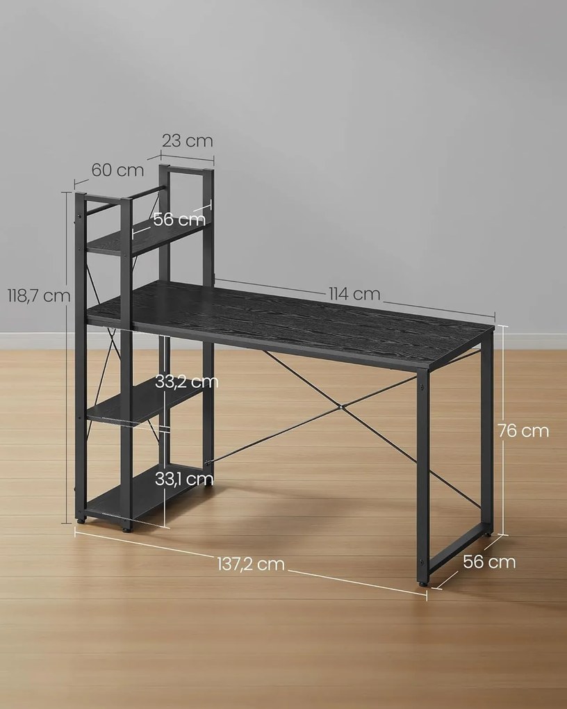 Kancelářský stůl Braken se 3 bočními policemi - 137,2x60x118,7 cm | černý