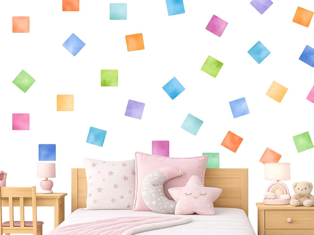 Akvarelové čtverečky duhové 50 ks samolepky na zeď pro děti 50 ks 4x4 cm