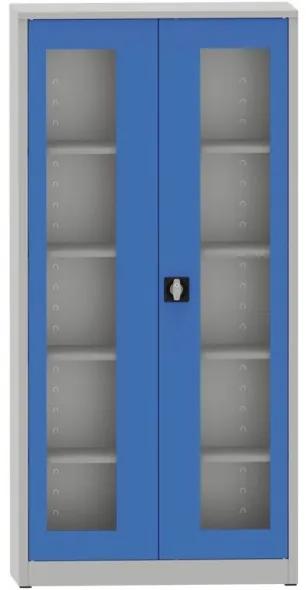 Kovona Svařovaná policová skříň s prosklenými dveřmi, 1950 x 950 x 400 mm, šedá/modrá