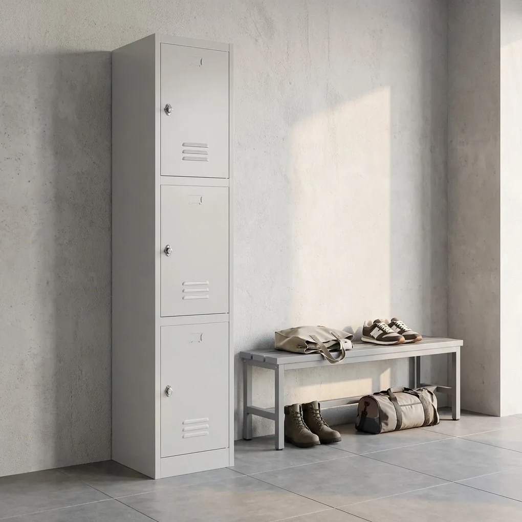 Kovová šatní skříňka - 3 boxy, 38 x 45 x 185 cm, otočný zámek, šedá - ral 7035