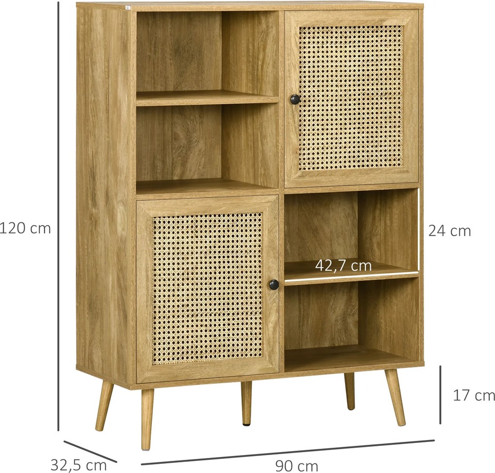 HOMCOM Buffetová skříňka s nohami z dřeva a ratanu se 2 dveřmi a 4 přihrádkami - rozměry 90L x 32,5W x 120H cm