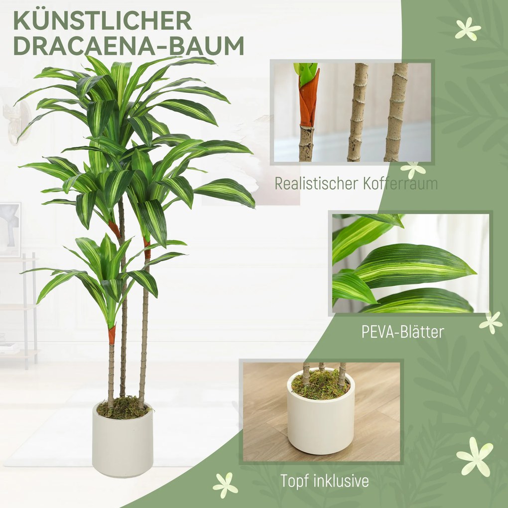 HOMCOM umělá rostlina Dracaena s ohebnými větvemi, bílý květináč (PP + cement) – listy PEVA, dřevěný kmen, 60 × 40 × 120 cm