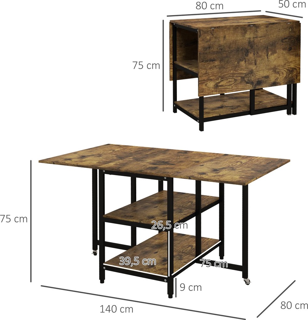 HOMCOM Rozkladací Skládací Jídelní Stůl Obdélníkový Mobilní Kuchyňský Stůl pro 2-6 Osob se 2 Otevřenými Policemi 140cm x 80cm x 75cm Rustikálně Hnědý