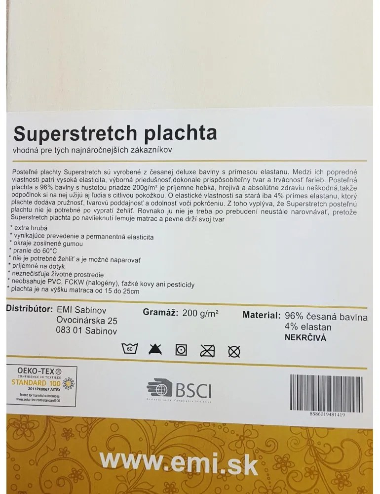 Prostěradlo přírodní Superstretch EMI, Plachta 90x200