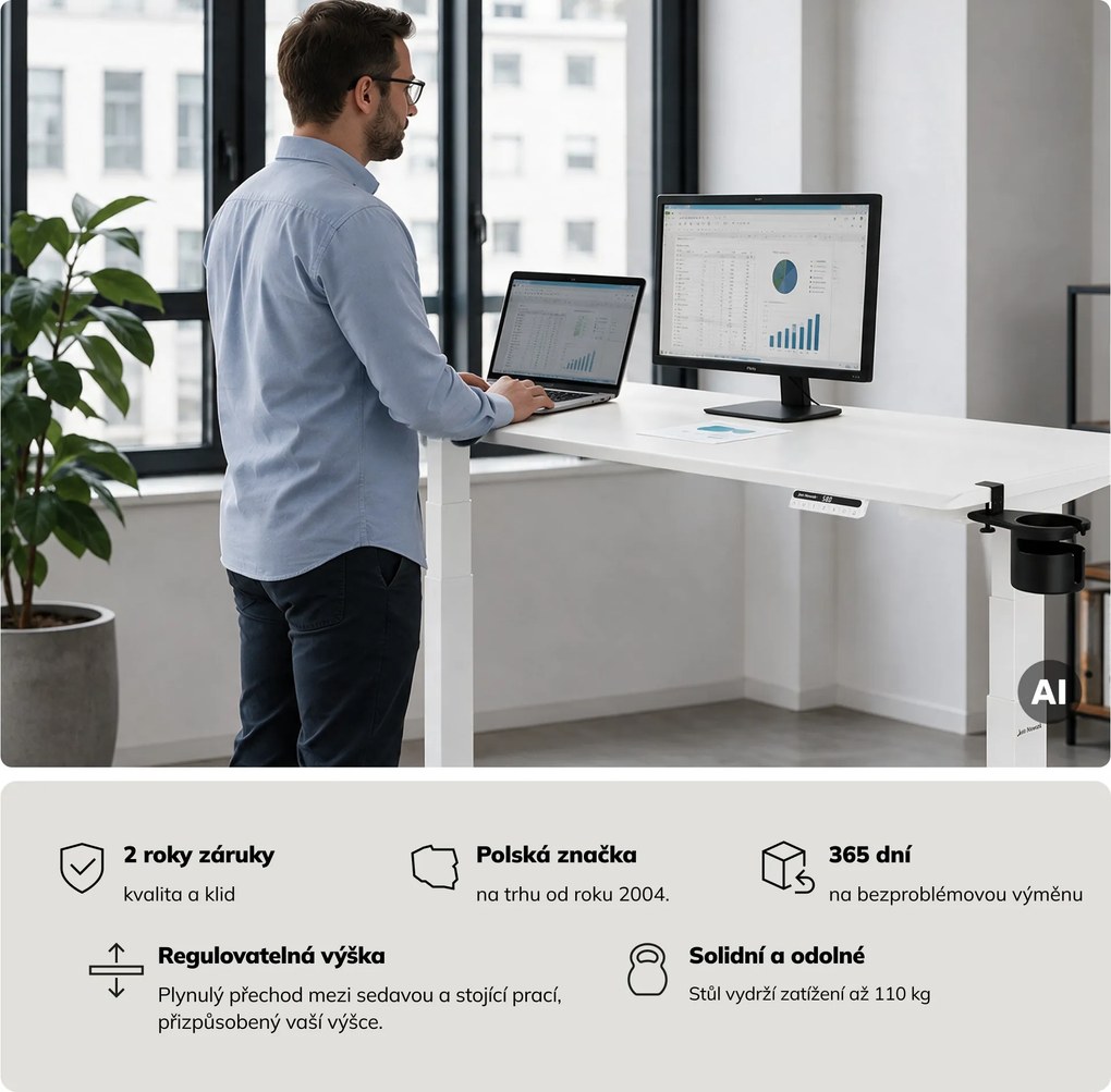Elektrický stůl s nastavitelnou výškou ergonomický bílý,1600x800 mm: ARIA