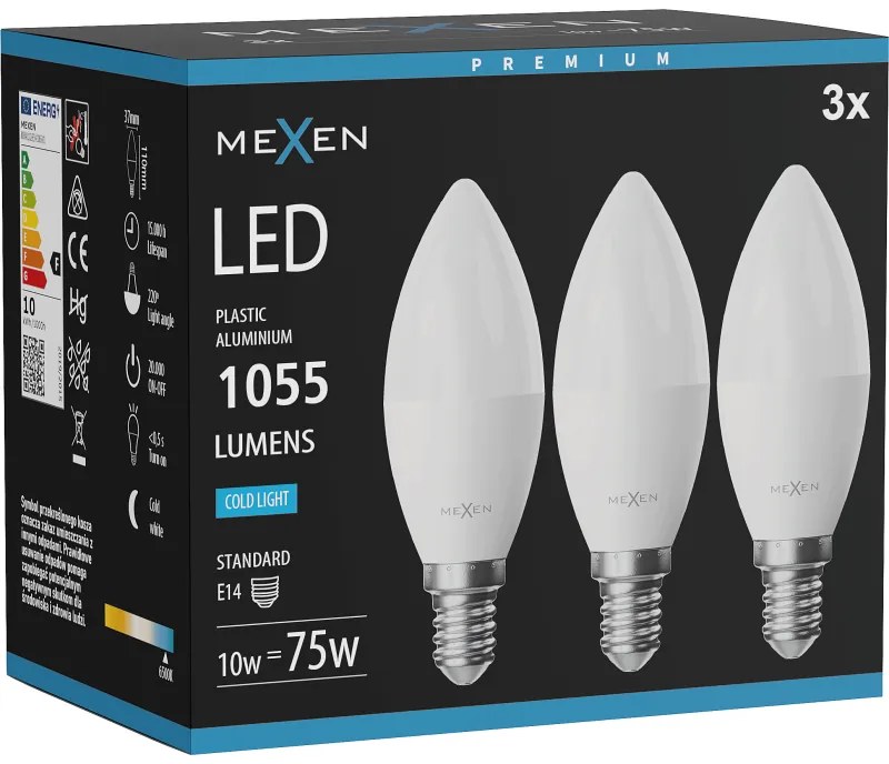 Mexen Nova 3x LED žárovka E14, C37, 10W, Studená - 6500K, 1055 lm - L102-E14-1065-01x03