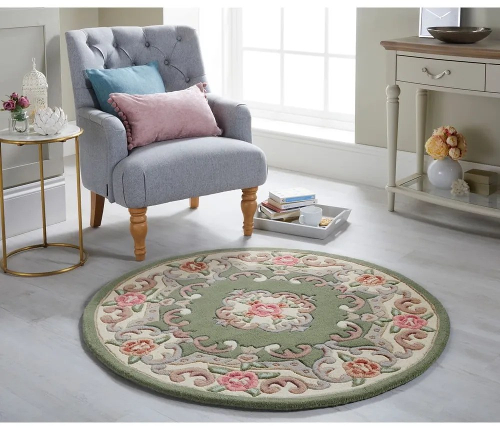 Zelený vlněný koberec Flair Rugs Aubusson, ⌀ 120 cm