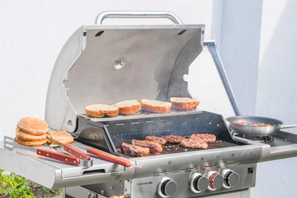 Plynový gril CALIFORNIA BBQ, 4 hořáky, s redukčním ventilem, stříbrná Penta CZ