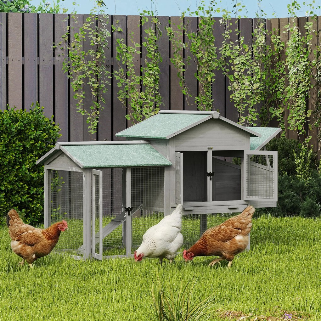 Dřevěný kurník pro slepice s volným výběhem hnízdní box s rampou výsuvný tác pro 2-4 slepice 168x75x103cm šedý