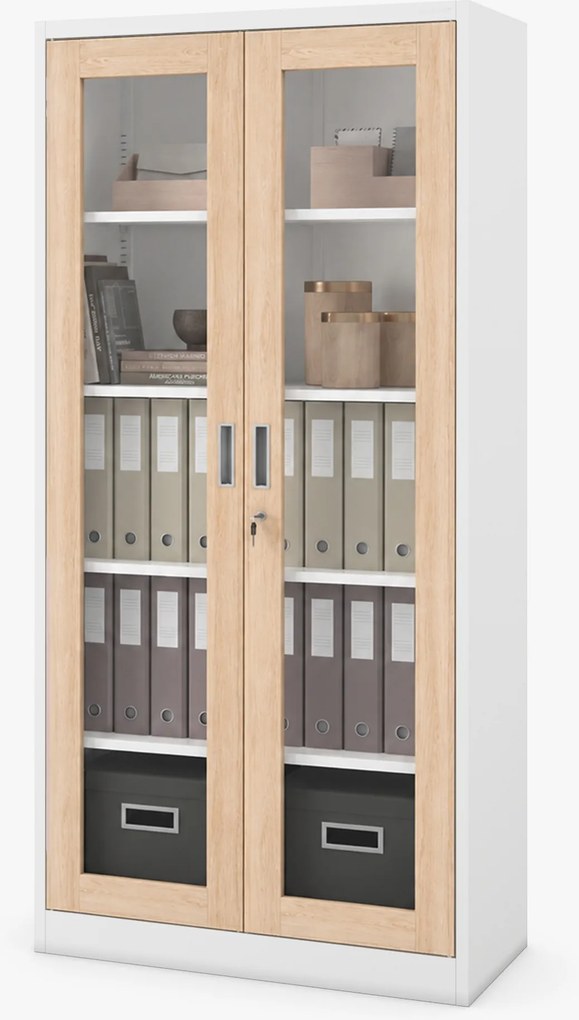 Kovová skříň s vitrínou bílá / dub sonoma: Eco Design AMELIA, 900 x 1850 x 400 mm