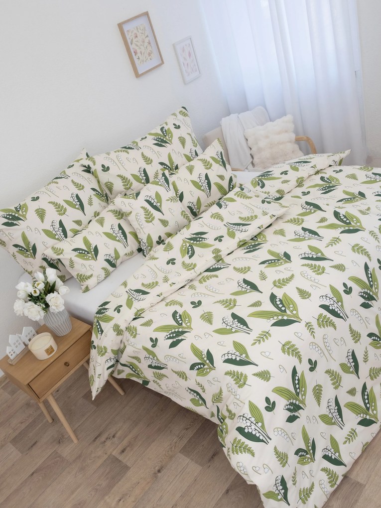 MK Lůžkoviny Prodloužené bavlněné povlečení Renforcé - Konvalinky přírodní 140 × 220 cm, 70 x 90 cm