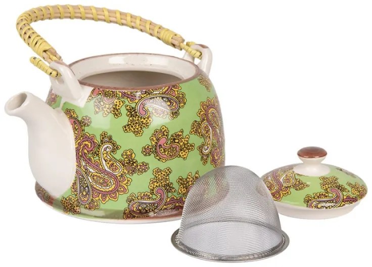 Porcelánová konvička na čaj se sítkem se zeleným kašmírovým motivem – 800 ml