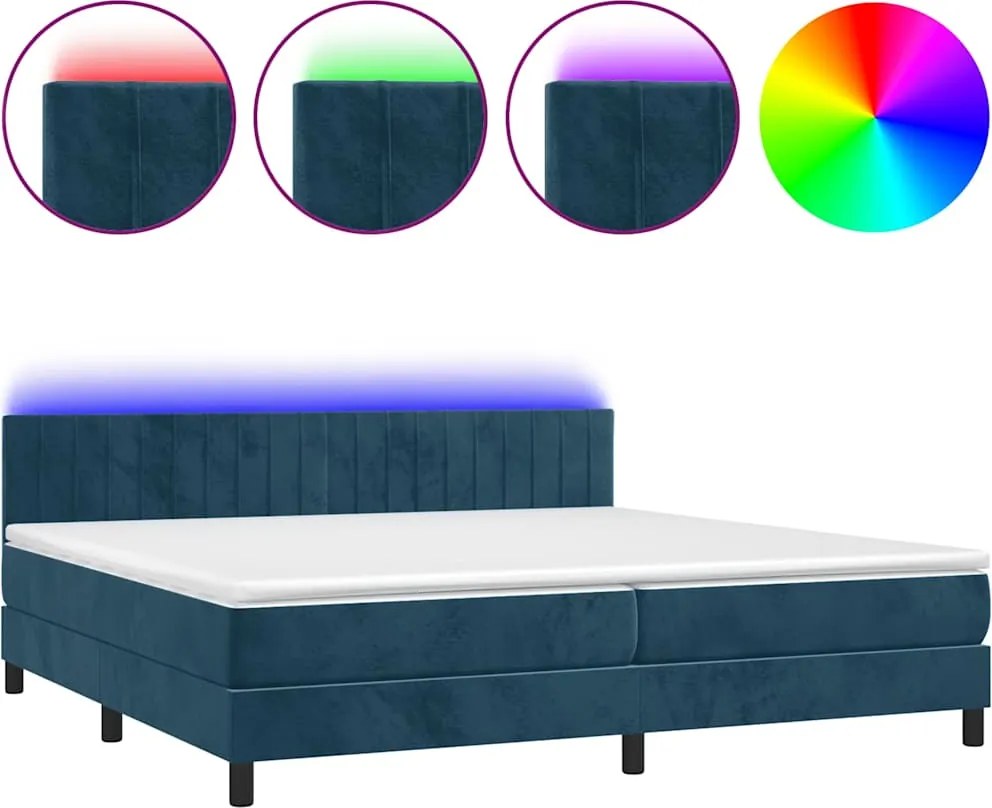 Box spring postel s matrací a LED tmavě modrá 200x200 cm samet 3134547