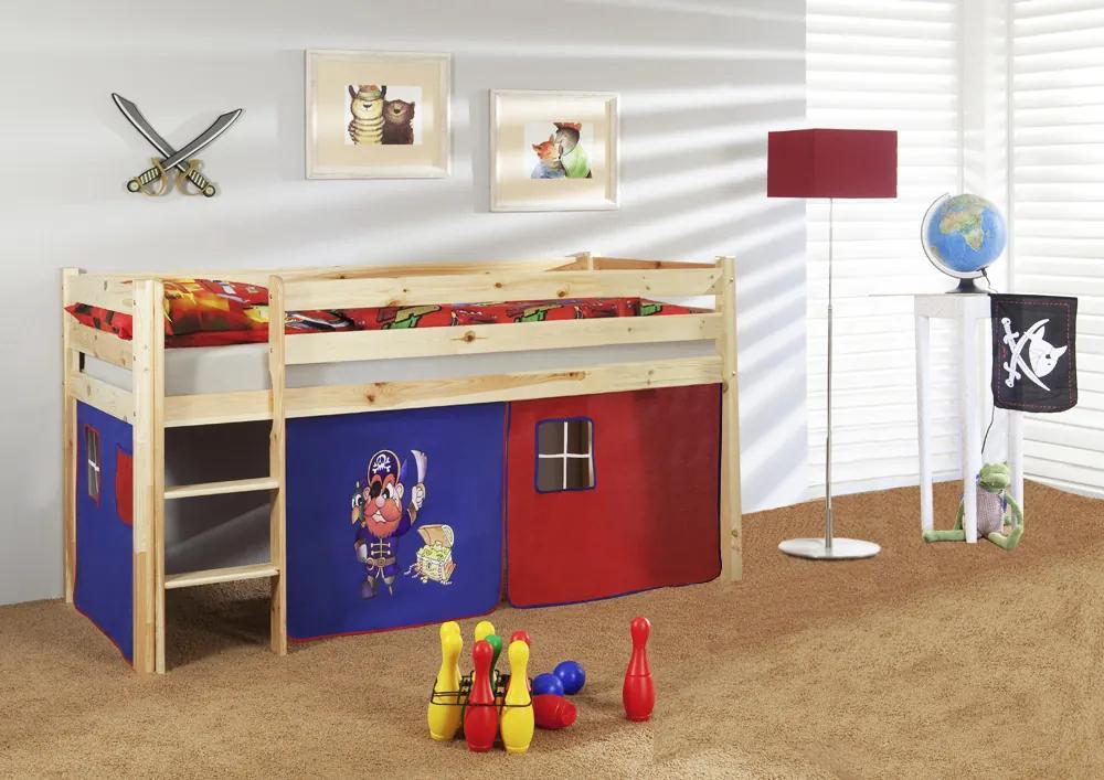 Dětská vyvýšená postel Domeček přírodní pirát, modro červená 200x90 cm
