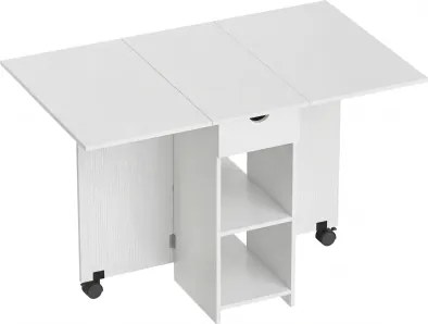 HOMCOM skládací stůl do kuchyně s kolečky, sklápěcím křídlem, zásuvkou a policemi pro 2-4 osoby 120x72x75 cm Bílá