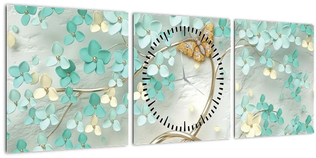 Obraz květiny s motýly (s hodinami) (90x30 cm)