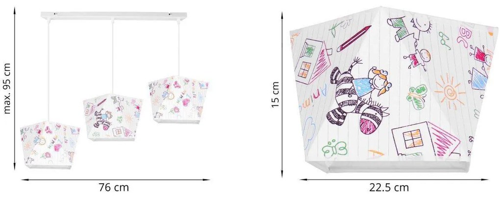 Dětské závěsné svítidlo Diamond, 3x bílé textilní stínítko se vzorem