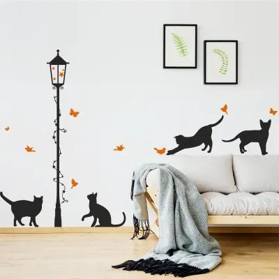 Nástěnná samolepka - stínové obrázky - kočky pod lampou barva kočky: šedá, barva doplňky: lila
