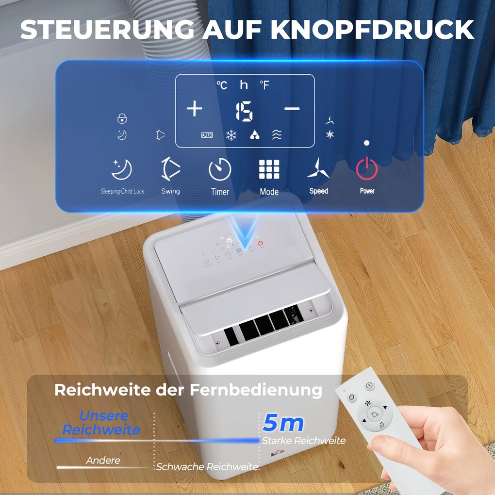 Mobilní klimatizace s odtahovou hadicí 12000 BTU 3,5 kW, 5 v 1, 24hodinový časovač, dálkové ovládání do 35㎡
