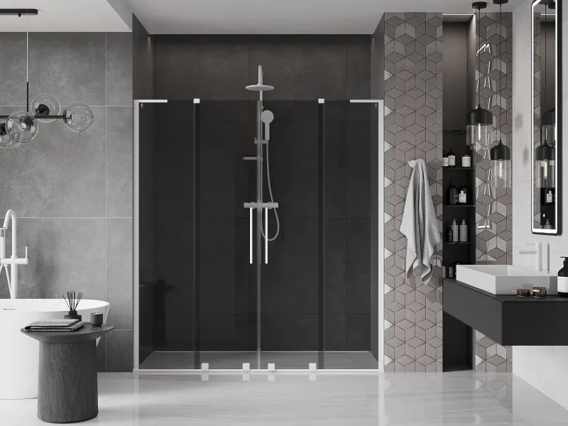 Mexen Velar L Duo, posuvné sprchové dveře do otvoru 200 cm, 8mm šedé sklo, bílá matná, 871-200-003-42-20