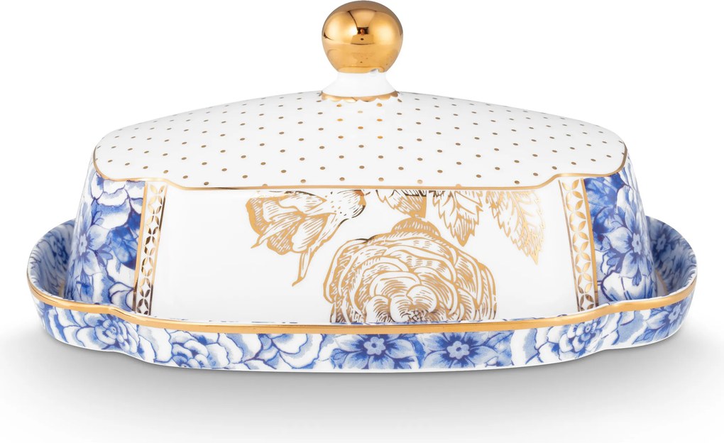 Pip Studio Royal White máselnička 19x14x9 cm, bílá (Porcelánová máselnice s drážkou na vodu z kolekce Royal )