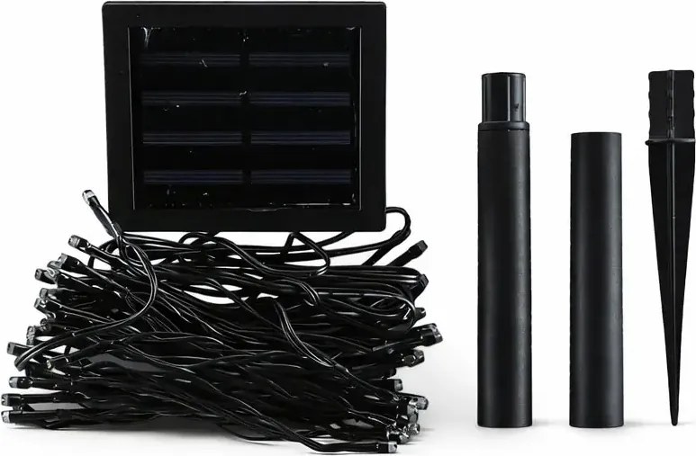 LED venkovní solární světýlka na zahradu, 10 m, ledově bílá, 100 diod, černý kabel, IP44, solární panel