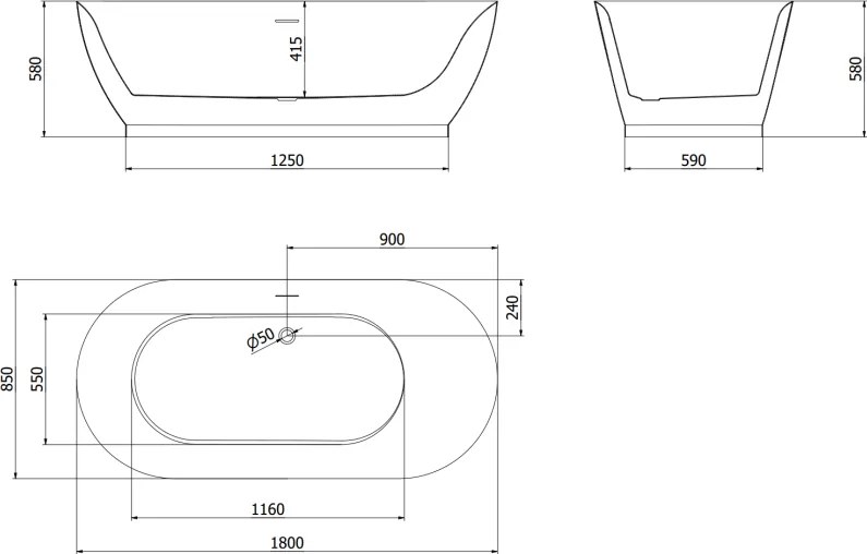 Mexen Roxy, volně stojící vana 180 x 85 cm, bílá, grafitový matný hladký přepad, 51201808500-95
