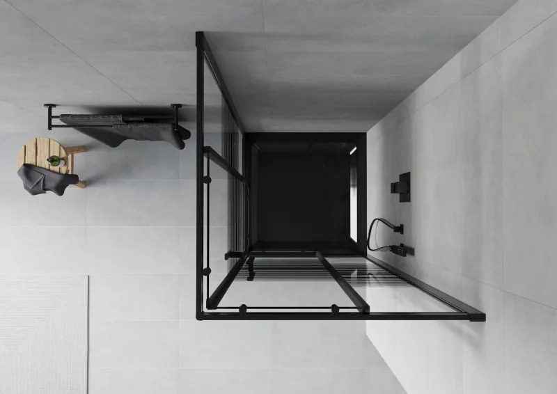 Mexen Rio, čtvercový sprchový kout s posuvnými dveřmi 70 (dveře) x 70 (dveře) x 190 cm, 5mm čiré sklo s pásky, černý profil + černá sprchová vanička SLIM, 860-070-070-70-20-4070B