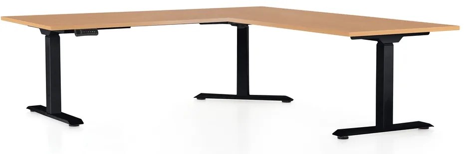 Výškově nastavitelný stůl OfficeTech Angle, 180 x 200 cm, černá podnož, buk