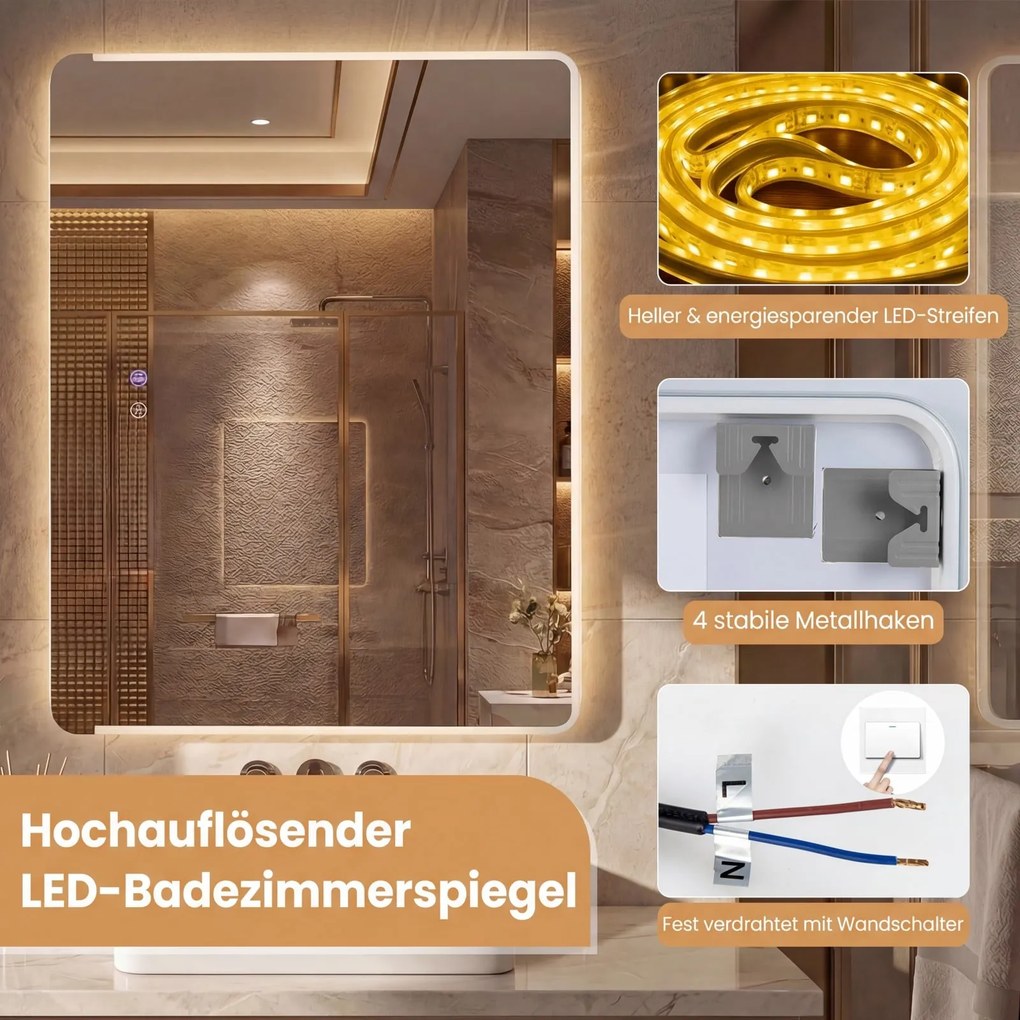 Costway LED koupelnové zrcadlo s 3 barevnými světly a nástěnné zrcadlo