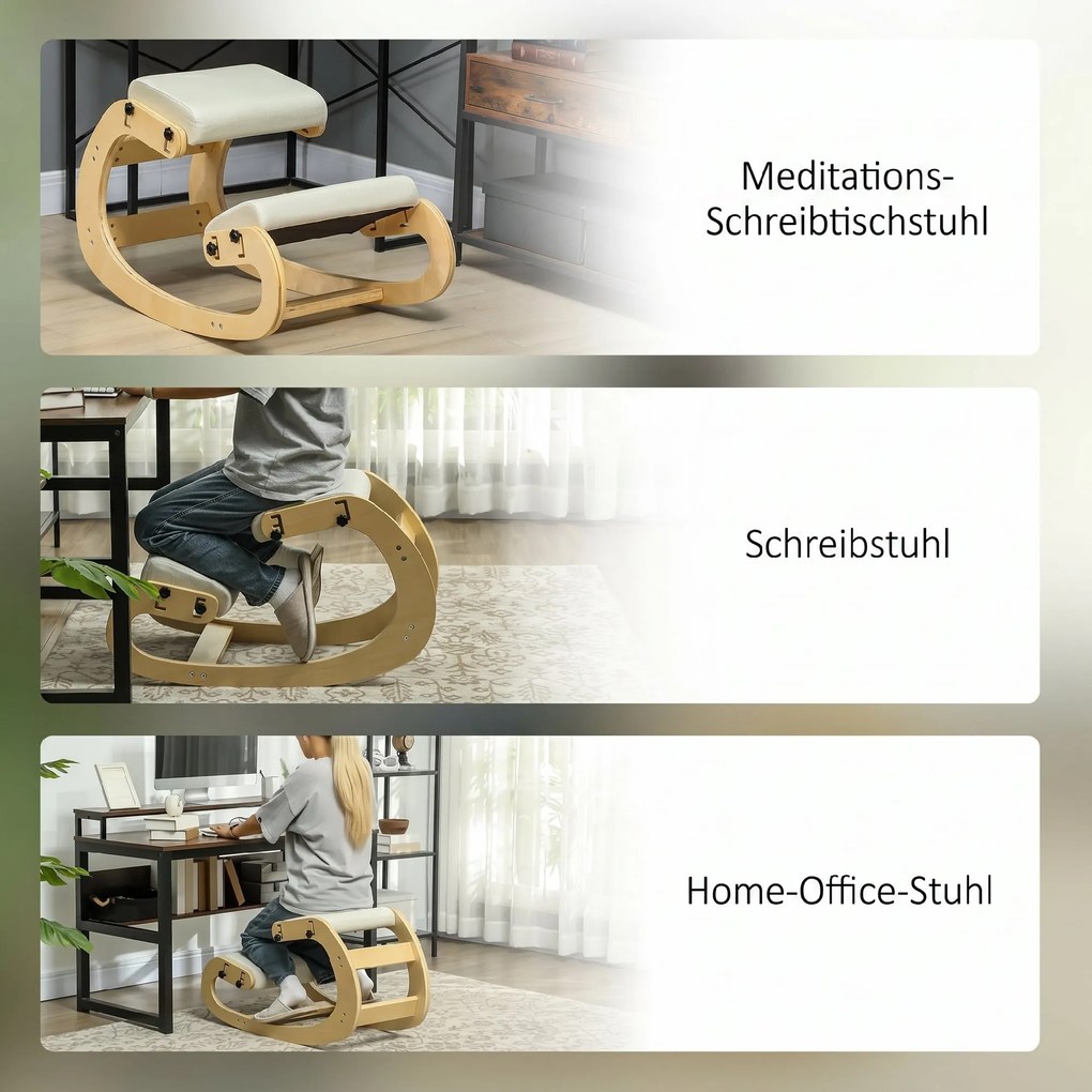 HOMCOM Klekací Židle, Ergonomická Houpací Dřevěná Klekací Židle, Nastavitelná Klekací Stolička pro Domácí Kancelář, Zlepšení Držení Těla, Bolesti Zad…