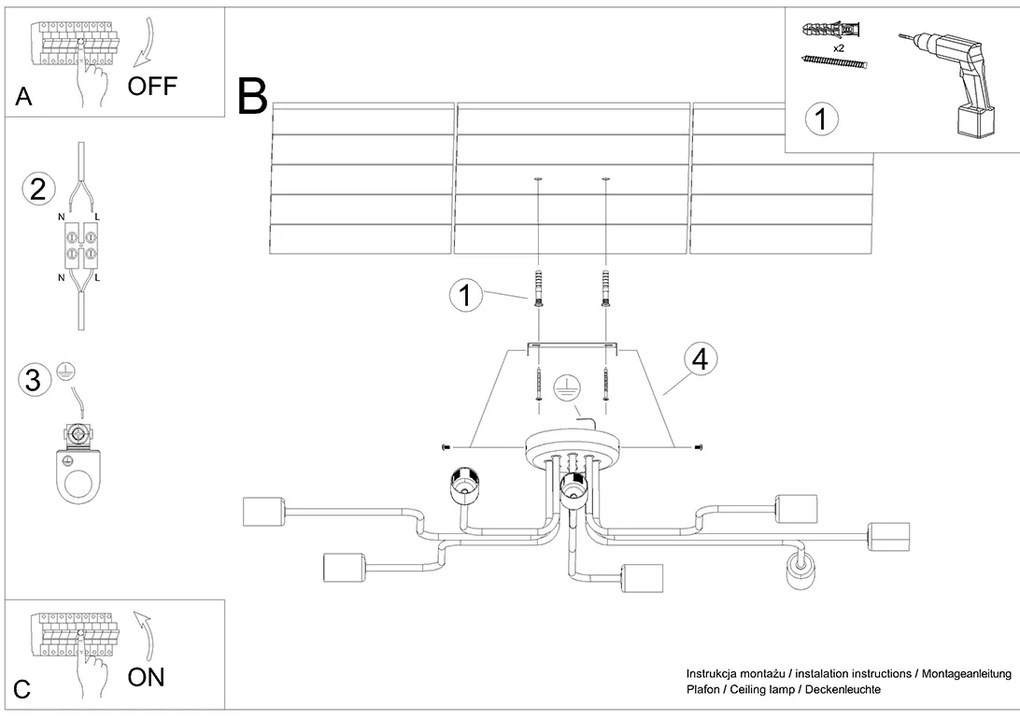 Stropní svítidlo Vector 8, černé tělo svítidla