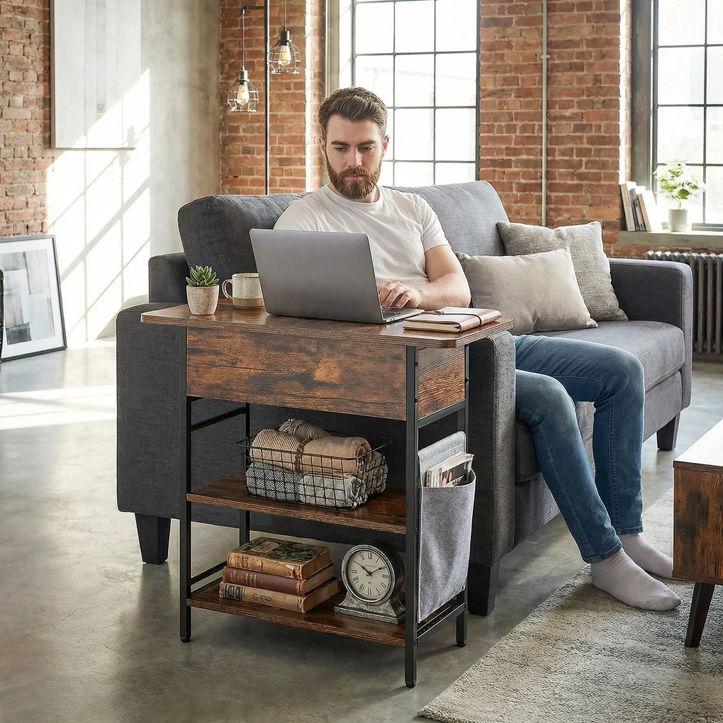 HOMCOM Odkládací stolek, noční stolek s elektrickou lištou, 2 patra, USB porty, úložný prostor 60 x 29,8 x 58,5 cm, rustikální hnědý