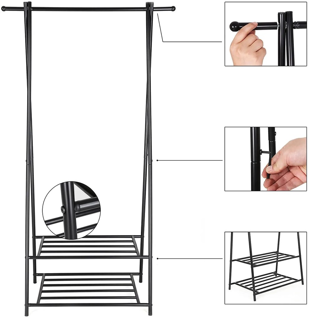 SONGMICS Stojan na šaty s dvěma policemi černý